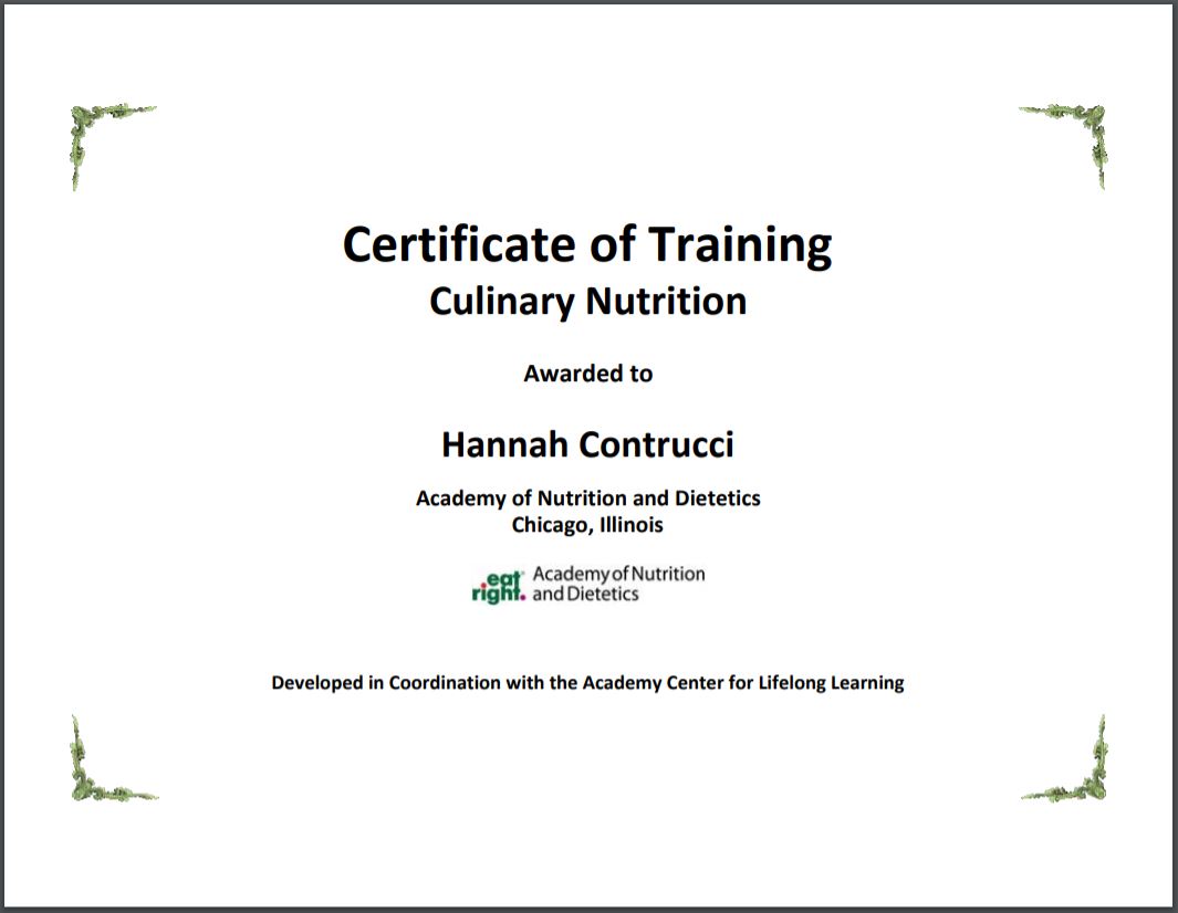 Certificates – Hannah Contrucci, MS, RDN, LD