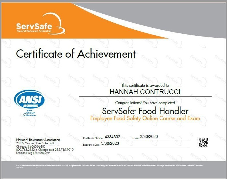 ServSafe Food Handler Certificate – Hannah Contrucci, MS, RDN, LD