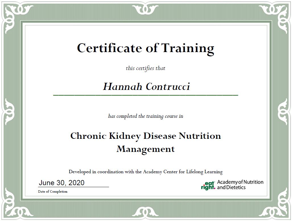 Certificates – Hannah Contrucci, MS, RDN, LD