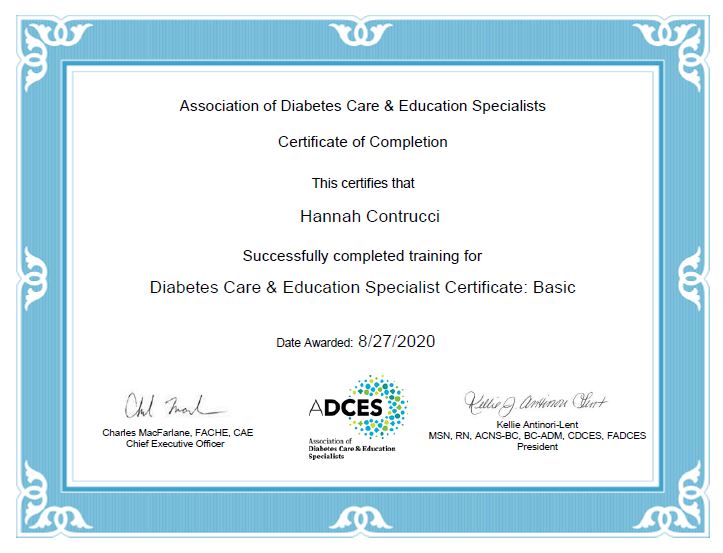 Certificates – Hannah Contrucci, MS, RDN, LD
